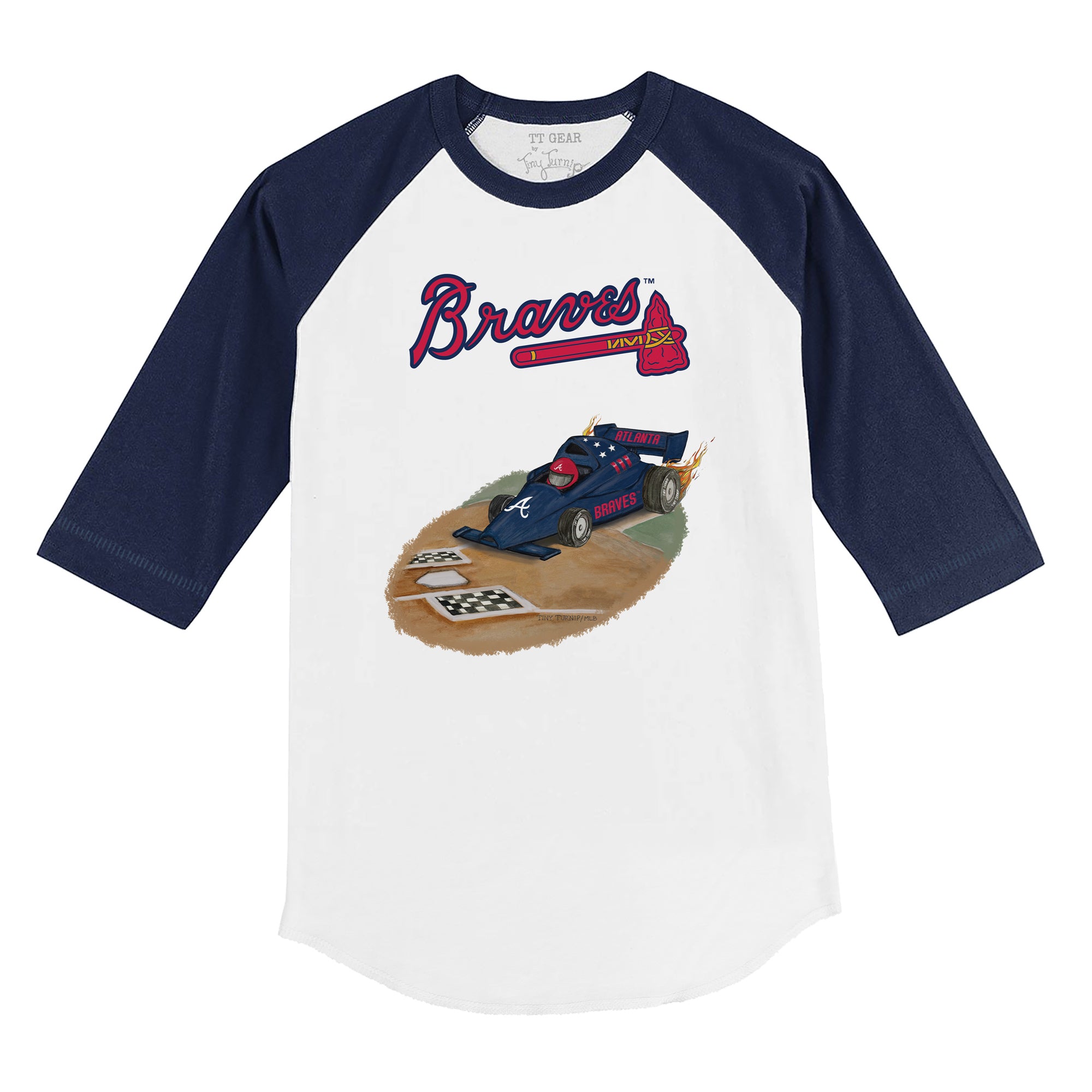 Atlanta Braves Race Car 3/4 Navy Blue Sleeve Raglan | Tiny Turnip