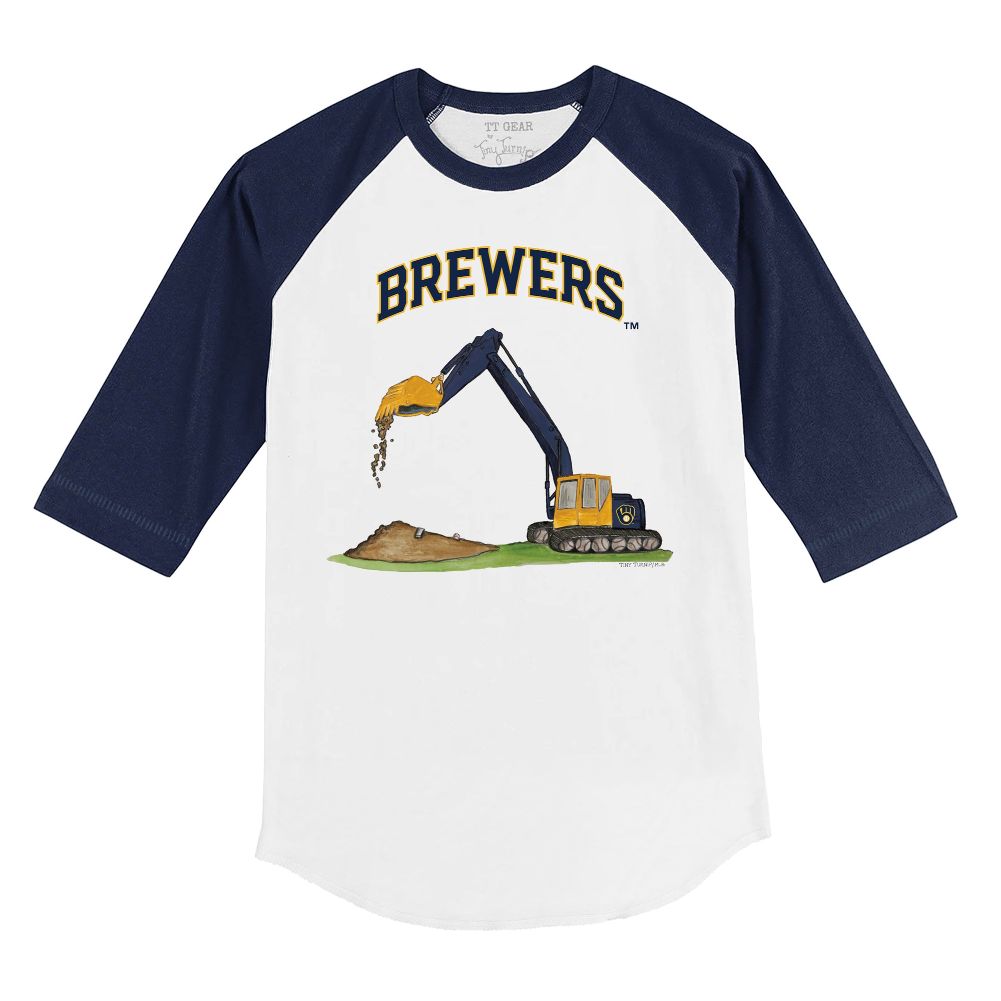 Milwaukee Brewers Excavator 3/4 Navy Blue Sleeve Raglan | Tiny Turnip