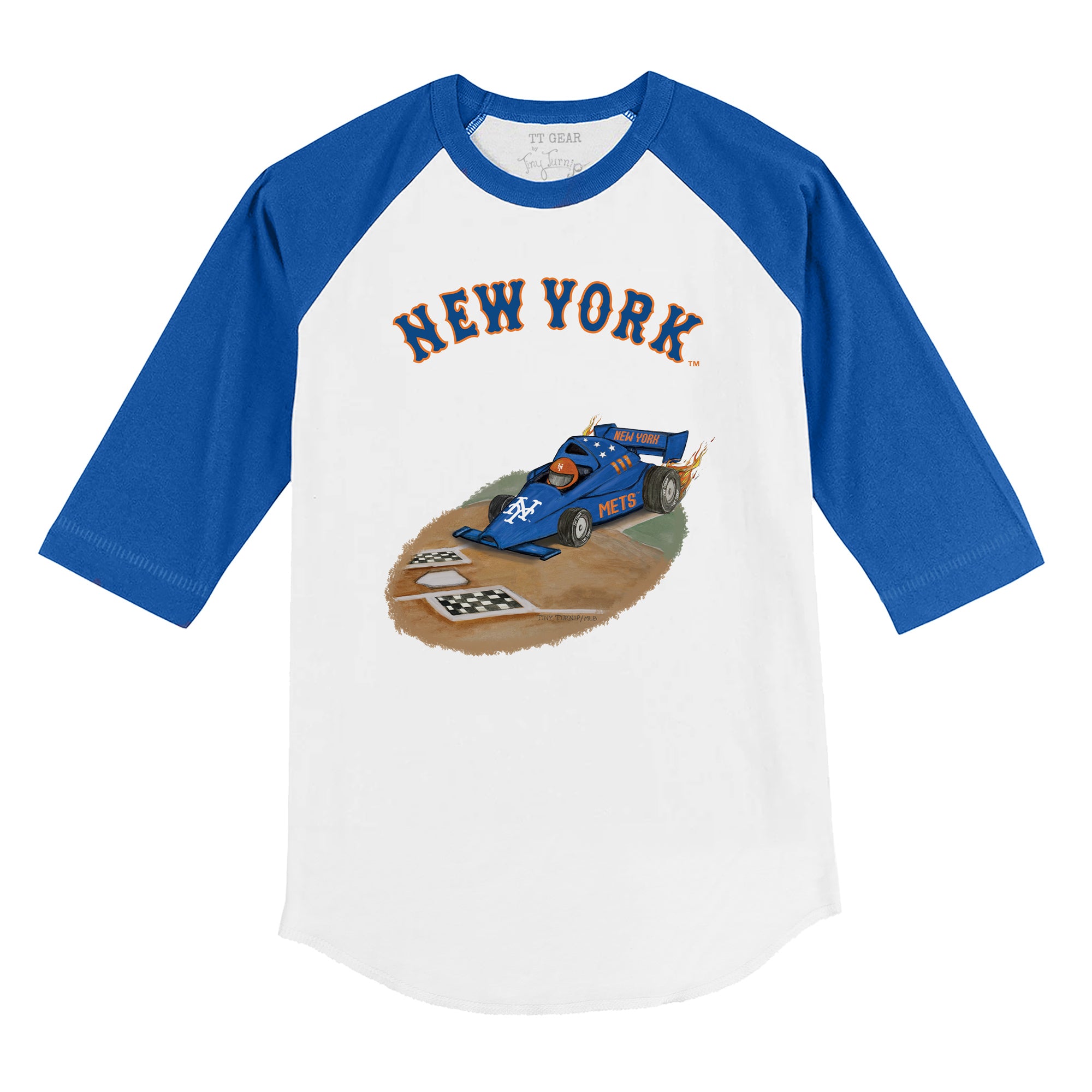 New York Mets Race Car 3/4 Royal Blue Sleeve Raglan | Tiny Turnip