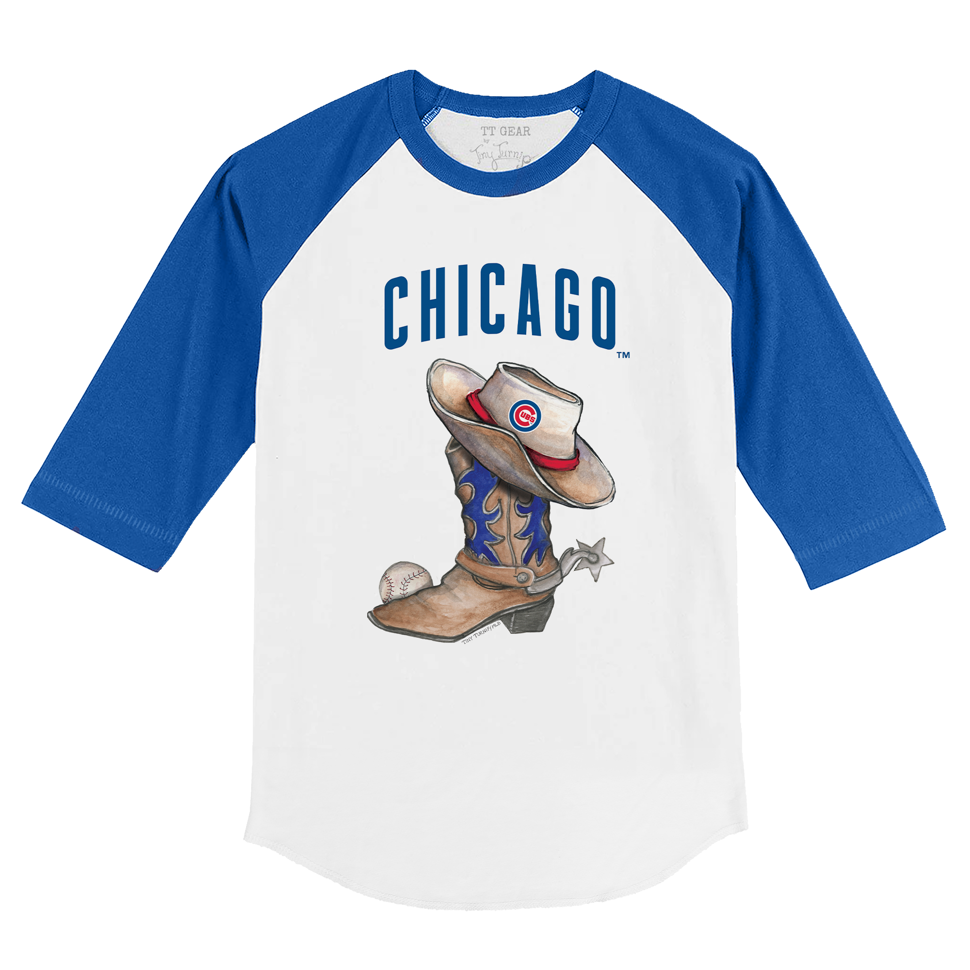 Chicago Cubs Cowboy Boot 3/4 Royal Blue Sleeve Raglan | Tiny Turnip
