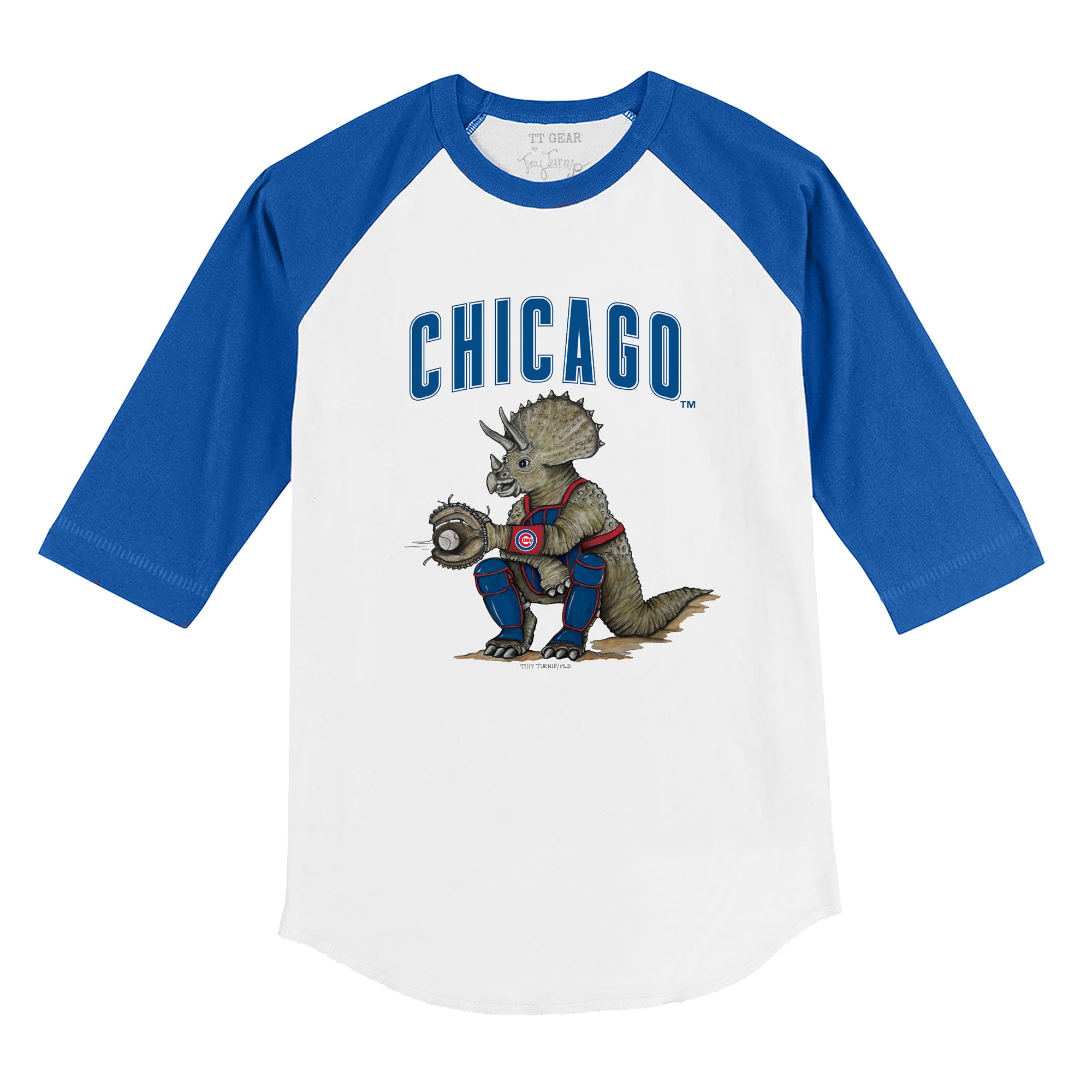 Chicago Cubs Triceratops 3/4 Royal Blue Sleeve Raglan | Tiny Turnip