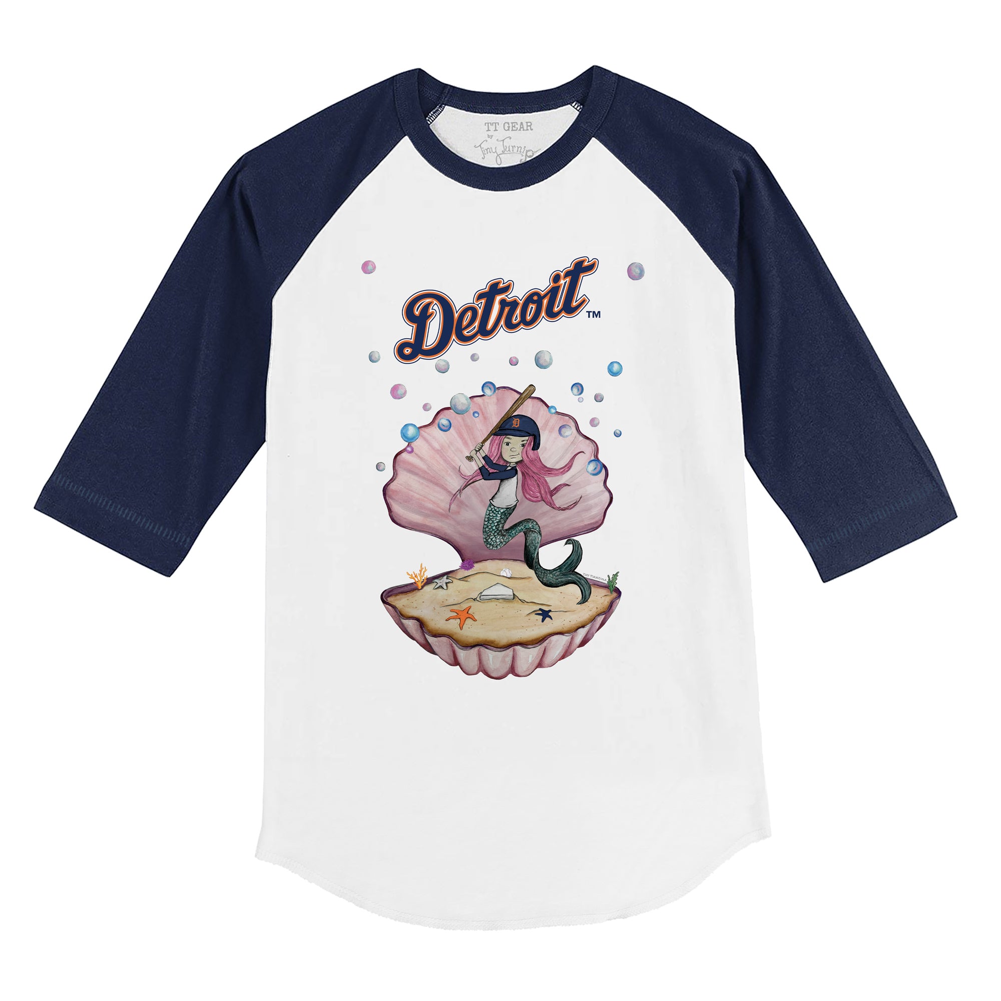 Detroit Tigers Mermaid 3/4 Navy Blue Sleeve Raglan | Tiny Turnip