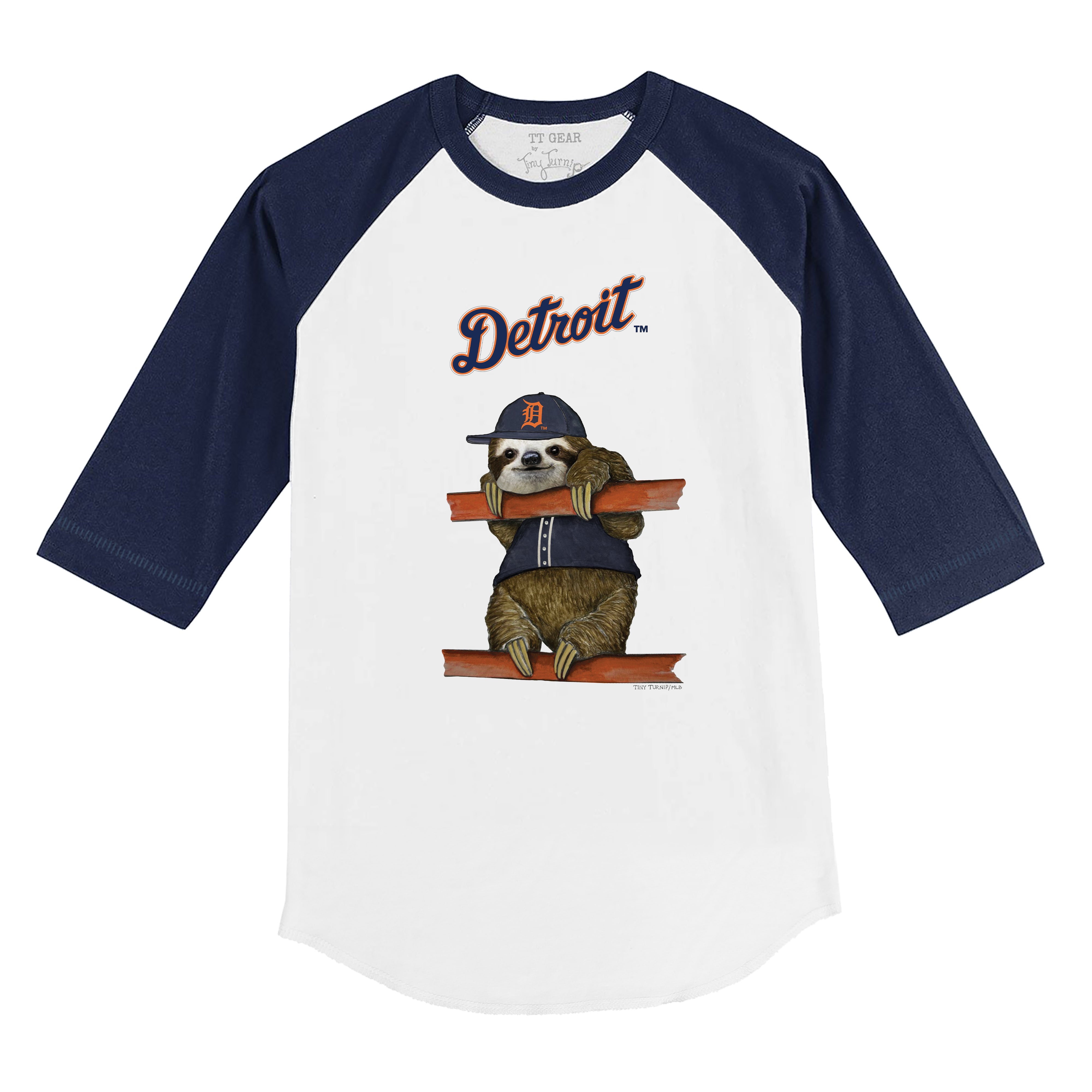 Detroit Tigers Sloth 3/4 Navy Blue Sleeve Raglan | Tiny Turnip