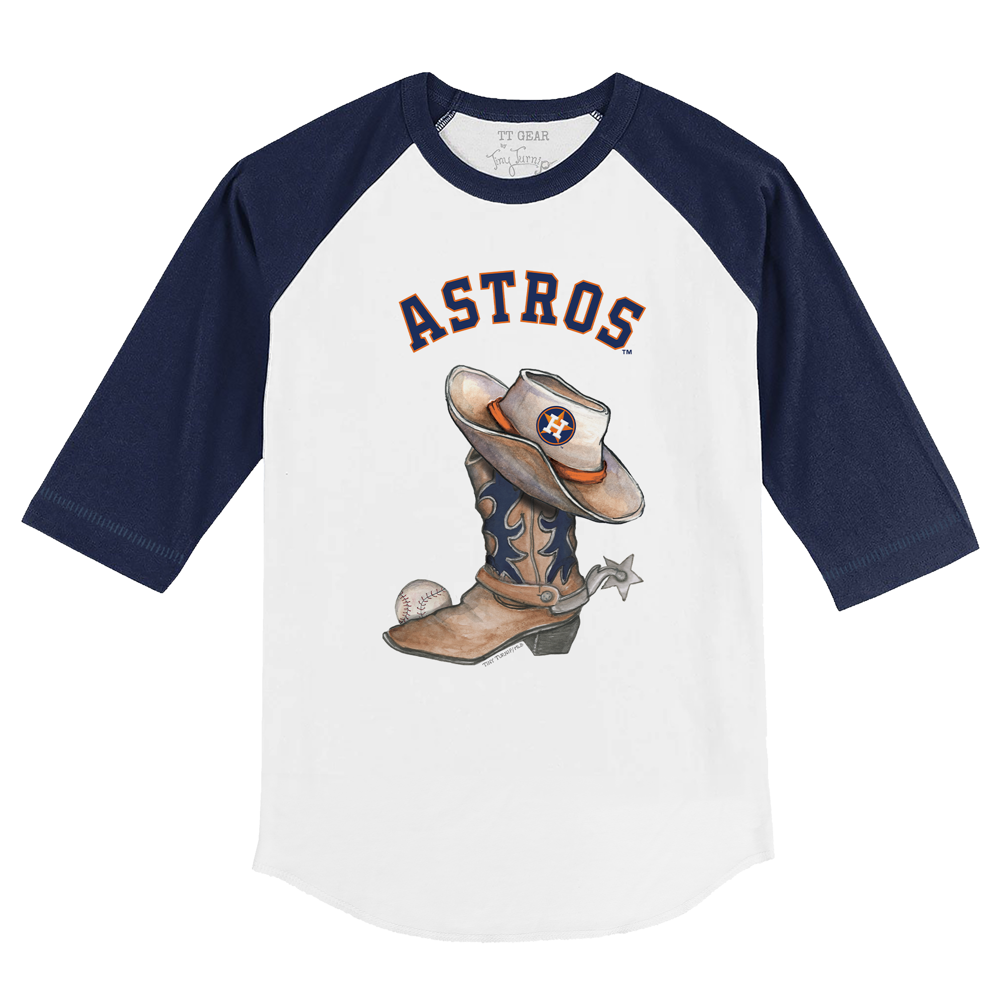 Houston Astros Cowboy Boot 3/4 Navy Blue Sleeve Raglan | Tiny Turnip