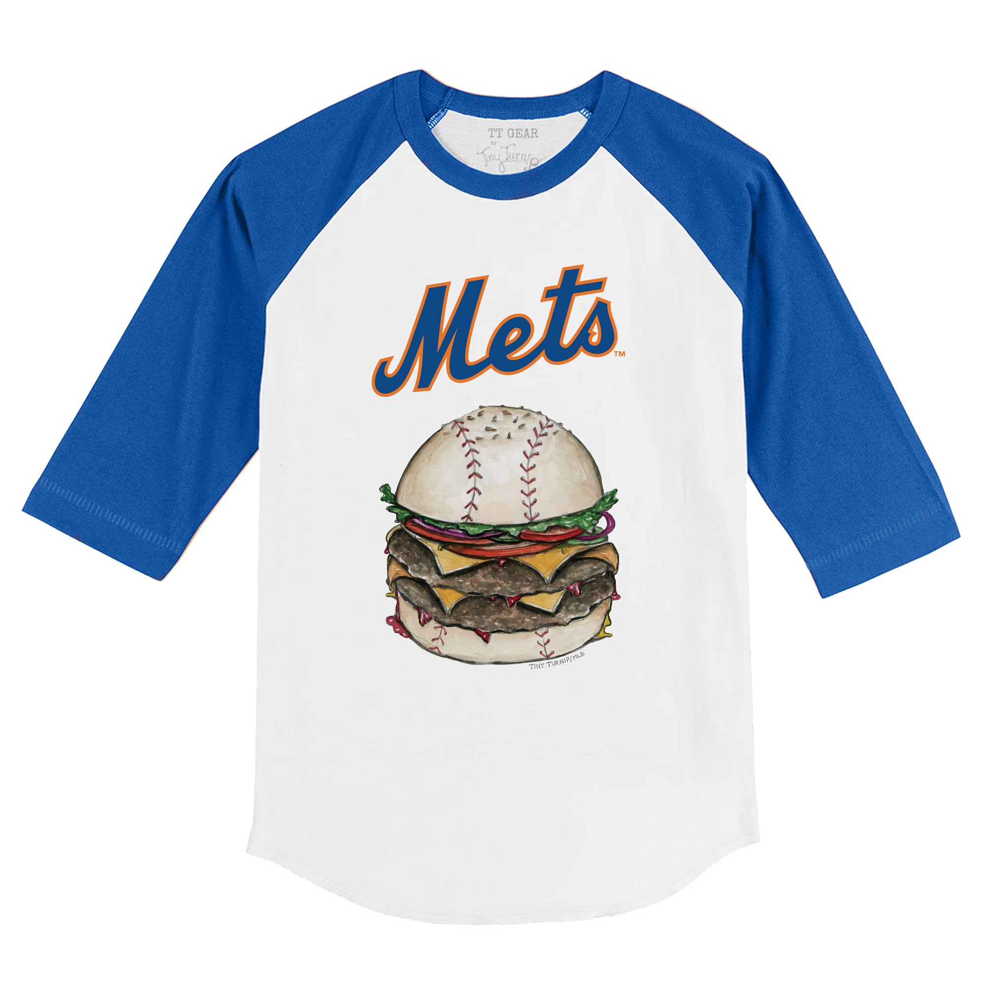 New York Mets Burger 3/4 Royal Blue Sleeve Raglan | Tiny Turnip