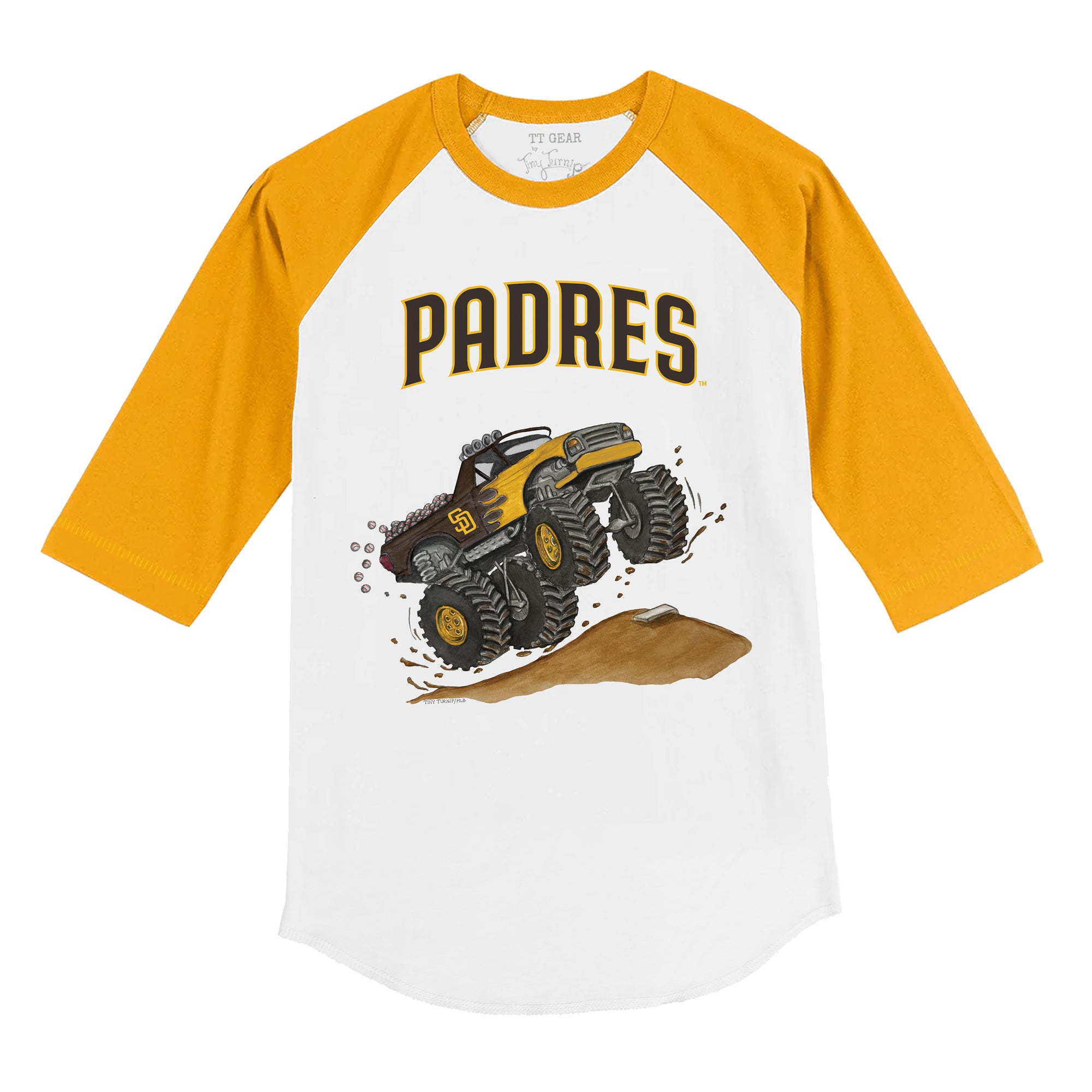 San Diego Padres Monster Truck 3/4 Gold Sleeve Raglan | Tiny Turnip