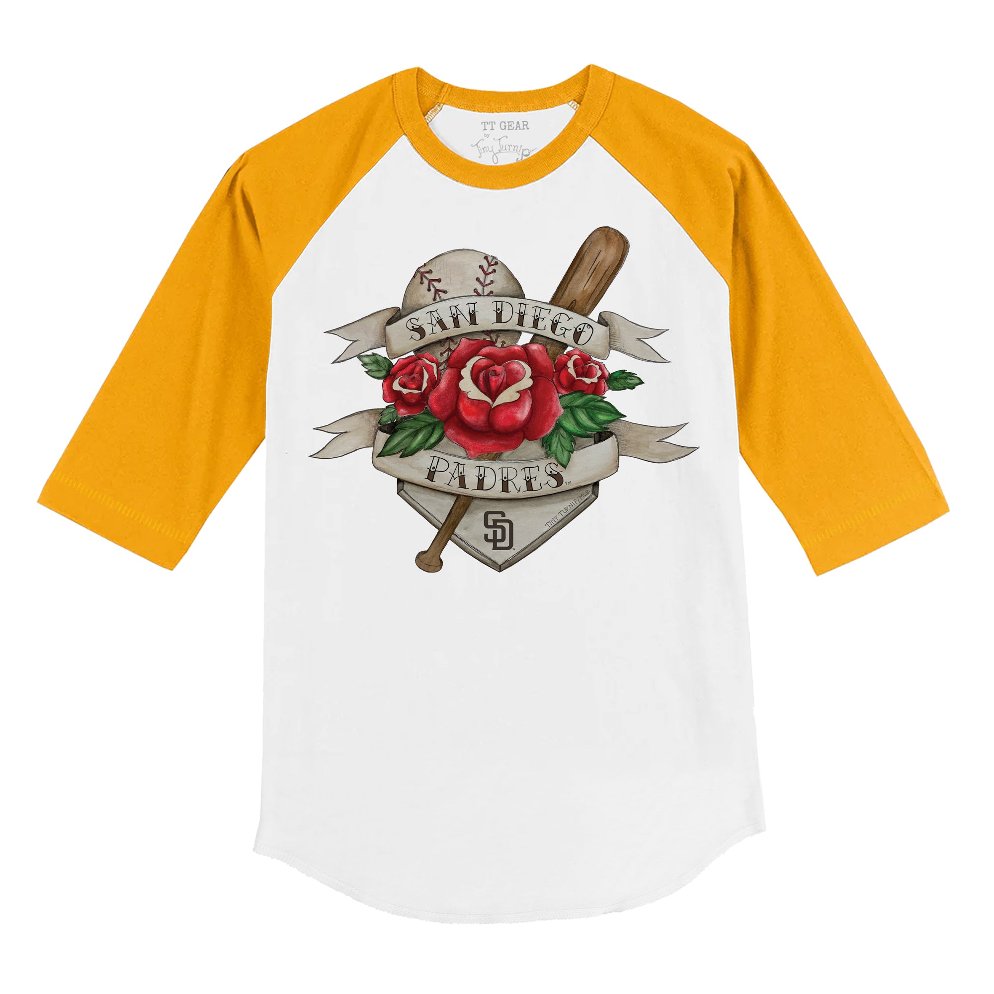 San Diego Padres Tattoo Rose 3/4 Gold Sleeve Raglan | Tiny Turnip