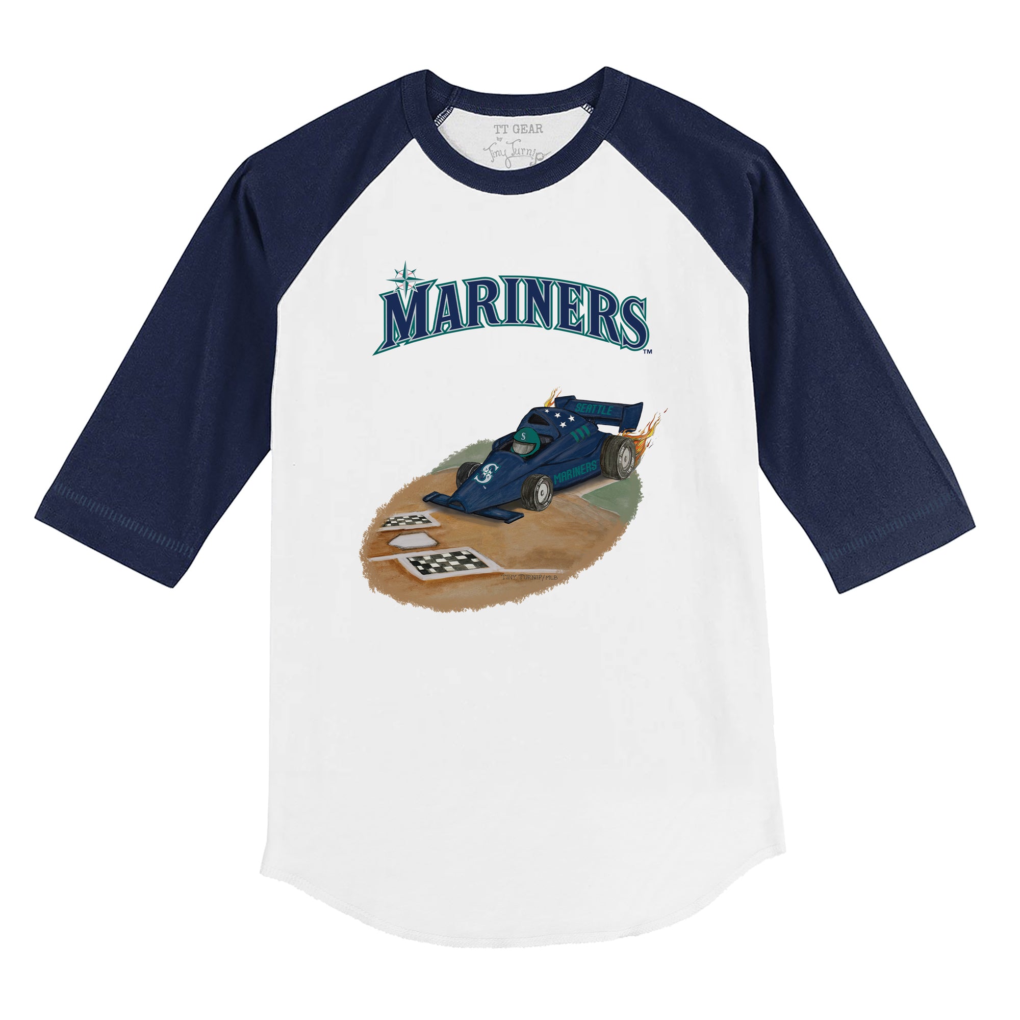 Seattle Mariners Race Car 3/4 Navy Blue Sleeve Raglan | Tiny Turnip