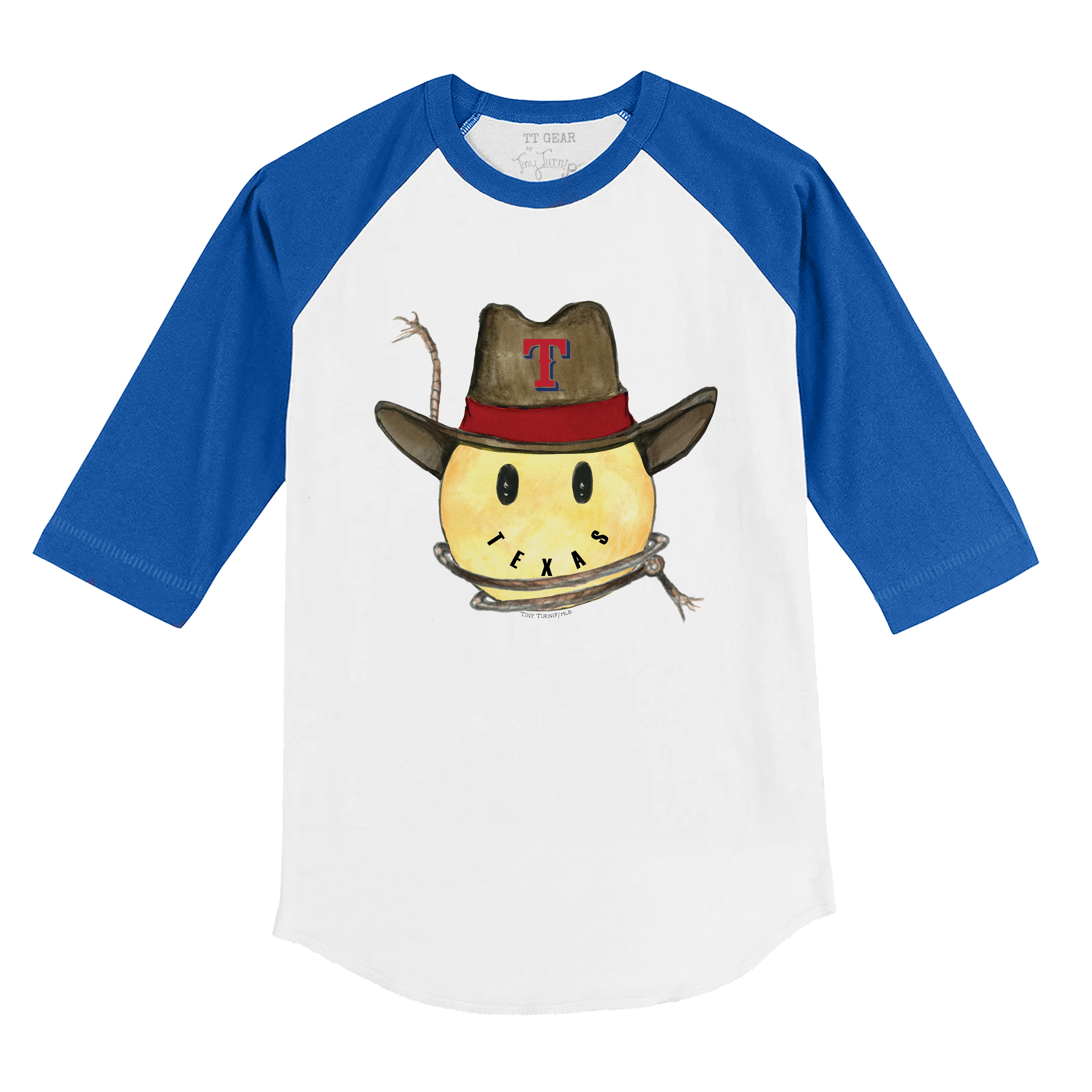 Texas Rangers Cowboy Smiley 3/4 Royal Blue Sleeve Raglan | Tiny Turnip