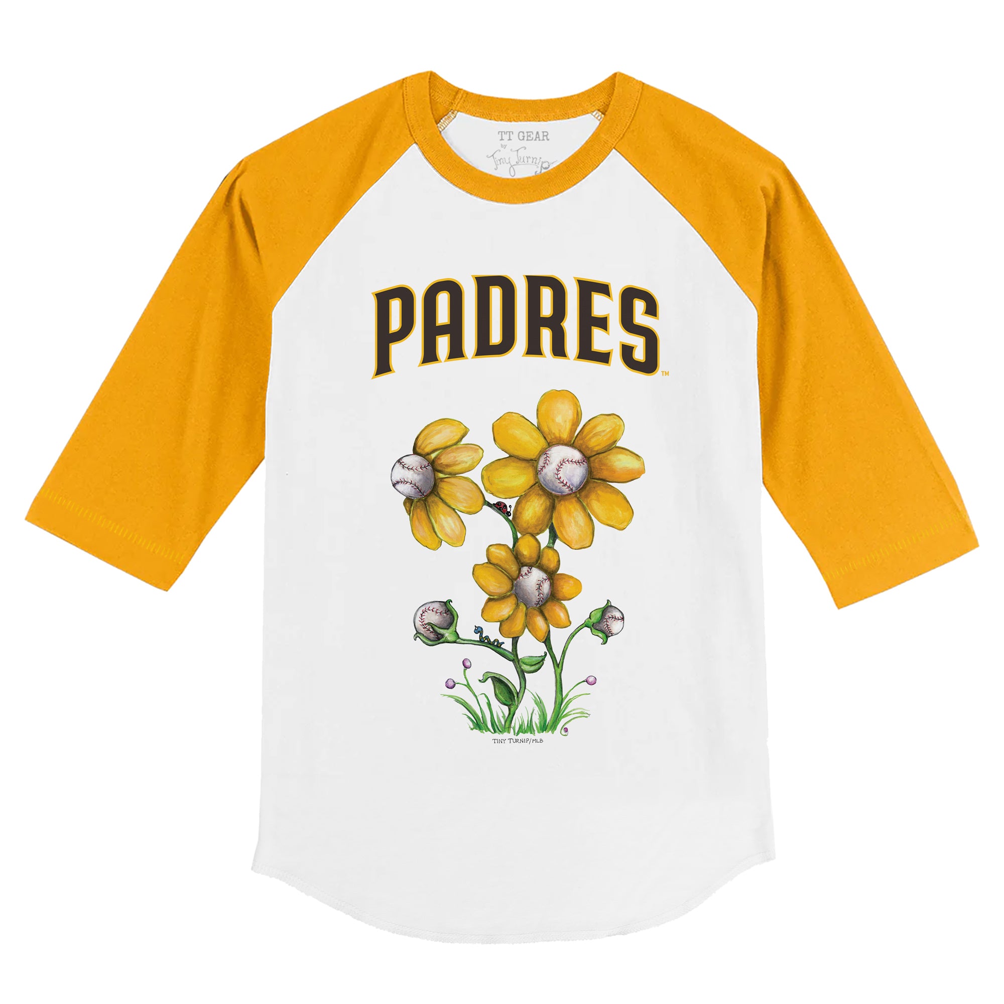 San Diego Padres Blooming Baseballs 3/4 Gold Sleeve Raglan | Tiny Turnip