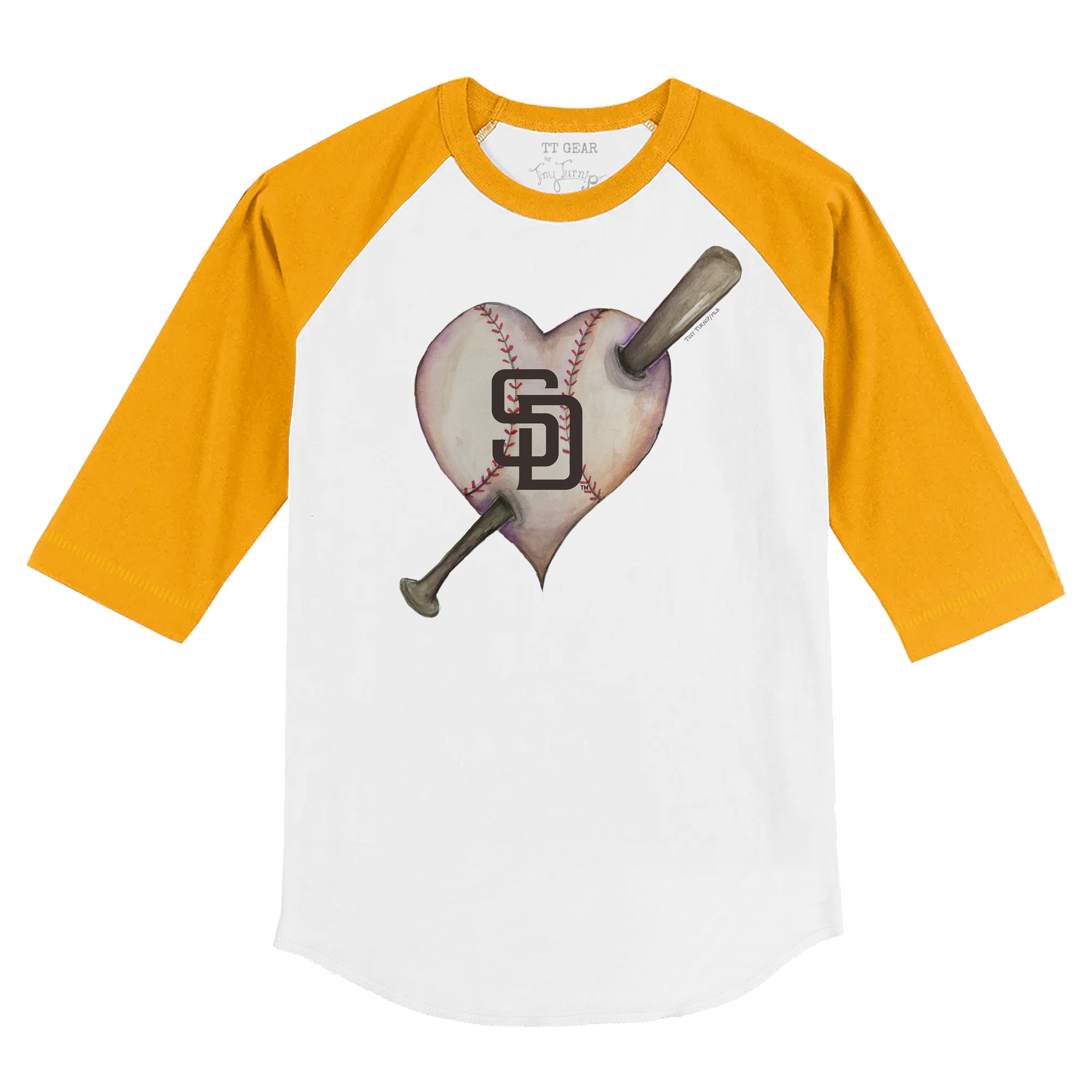 San Diego Padres Heart Bat 3/4 Gold Sleeve Raglan | Tiny Turnip