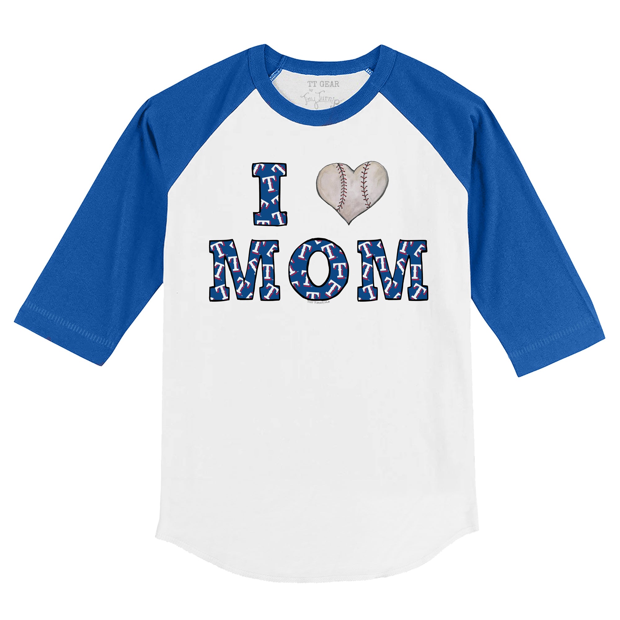 Texas Rangers I Love Mom 3/4 Royal Blue Sleeve Raglan | Tiny Turnip