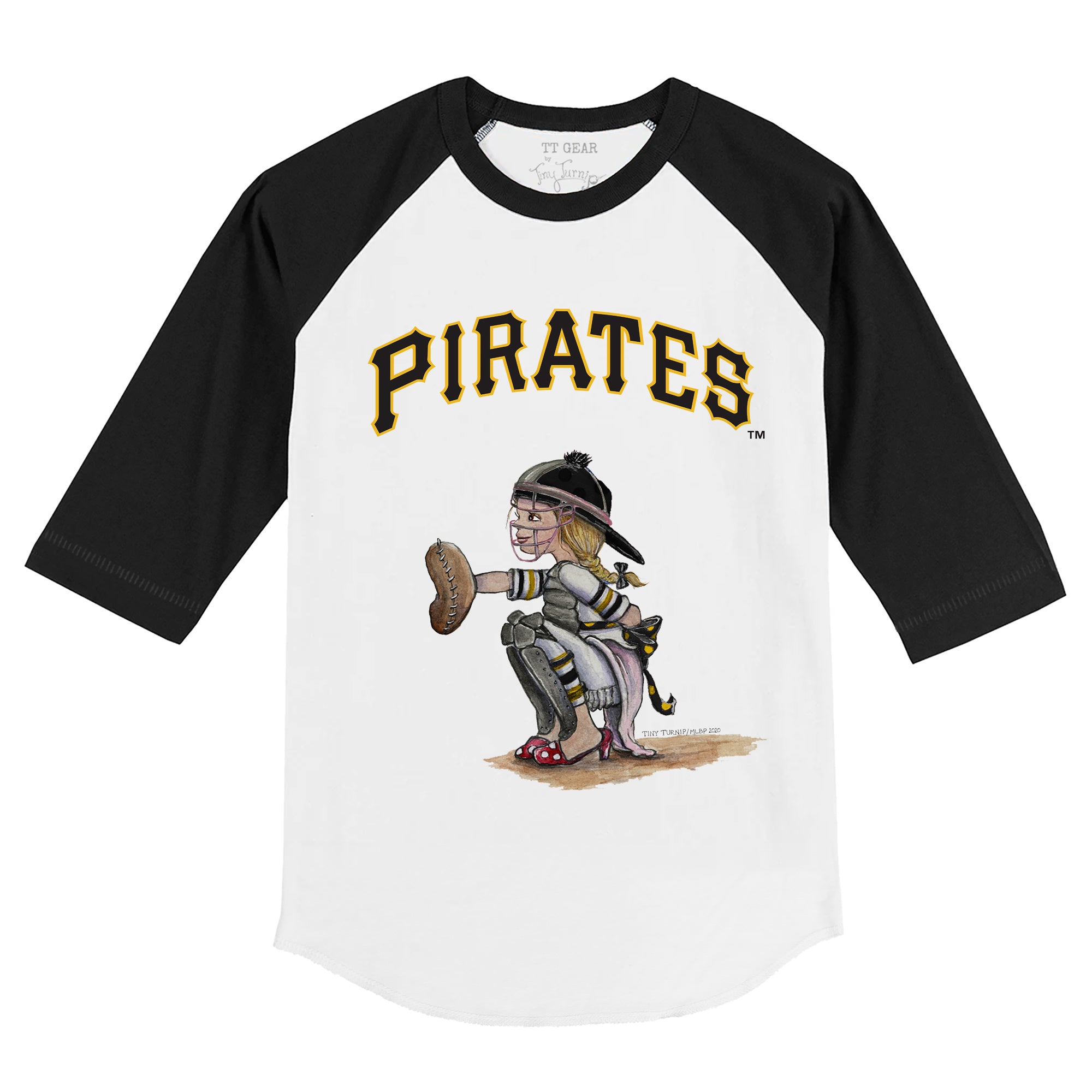 Pittsburgh Pirates Kate the Catcher 3/4 Black Sleeve Raglan | Tiny Turnip