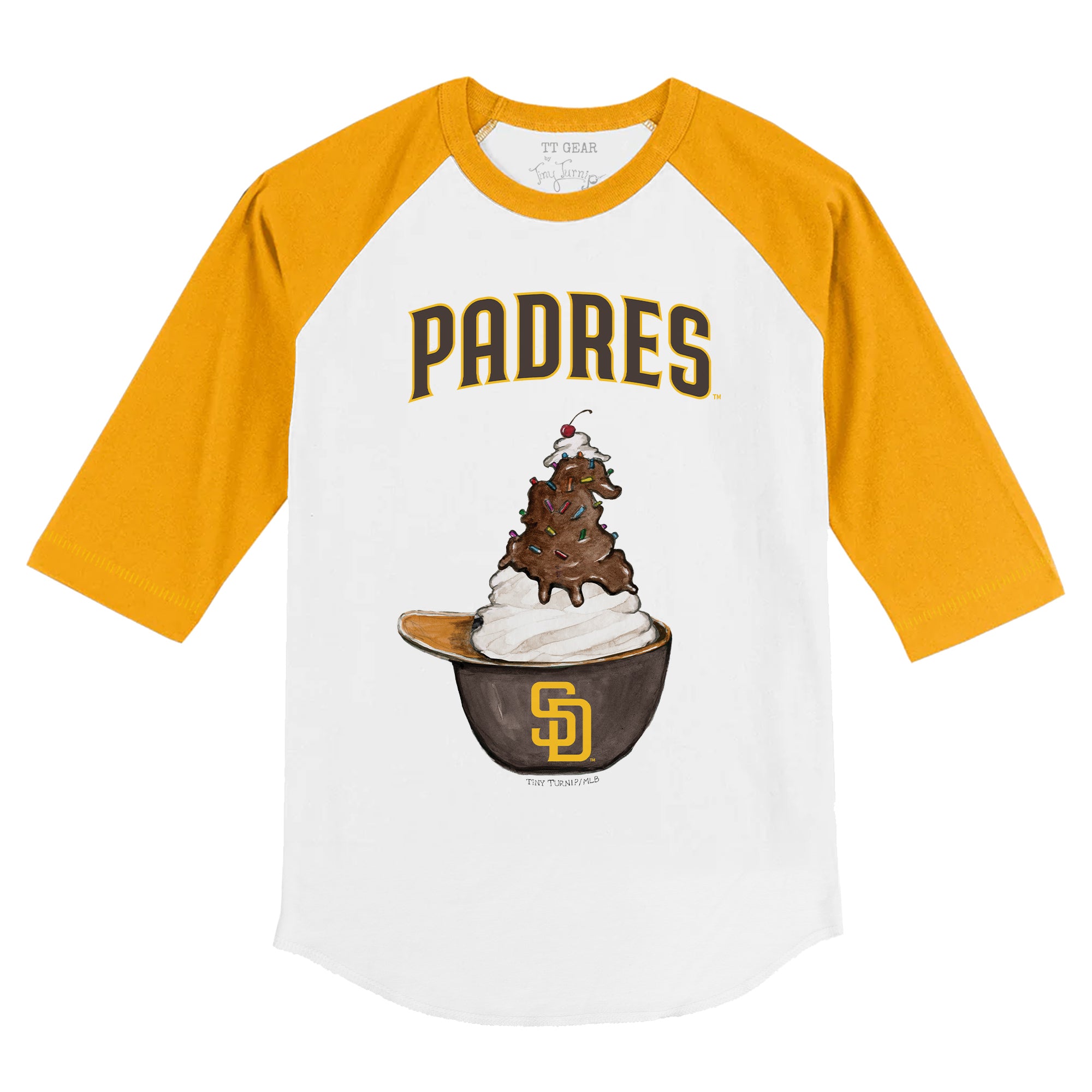 San Diego Padres Sundae Helmet 3/4 Gold Sleeve Raglan | Tiny Turnip