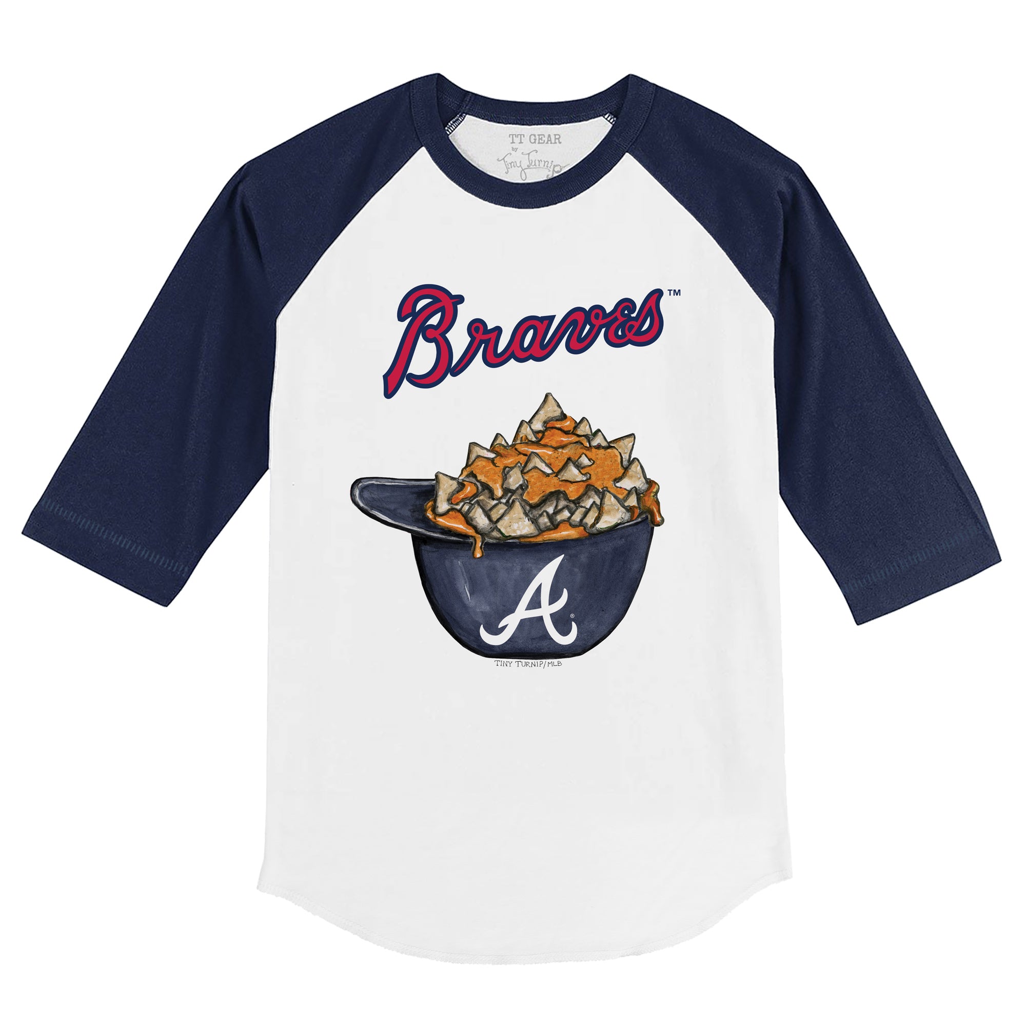 Atlanta Braves Nacho Helmet 3/4 Navy Blue Sleeve Raglan | Tiny Turnip